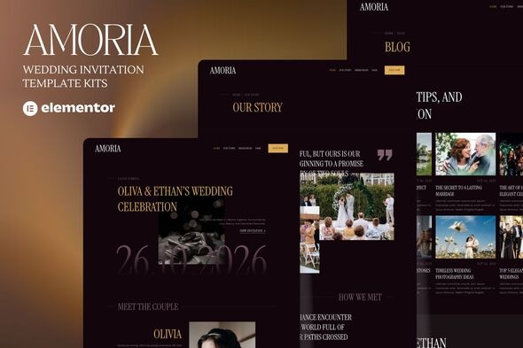 Download Amoria – Dark Luxury Wedding Invitation Website Elementor Template Kits version 1.0.0